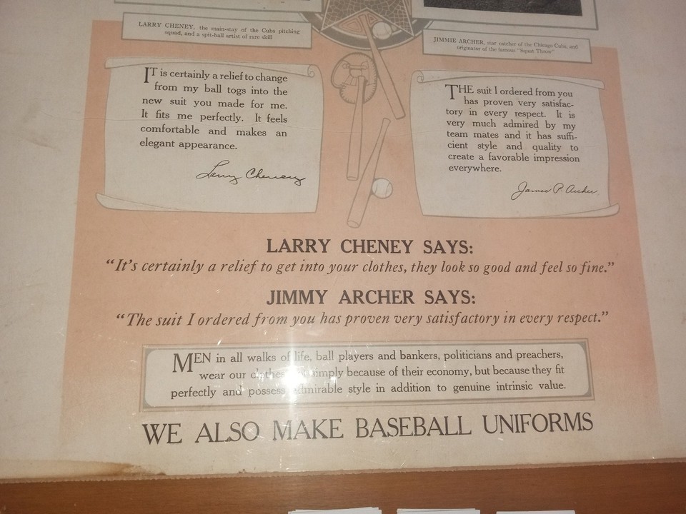 Antique 1915 Cubs Baseball Tailor's Advertising Cardboard Sign Lot 33 ...