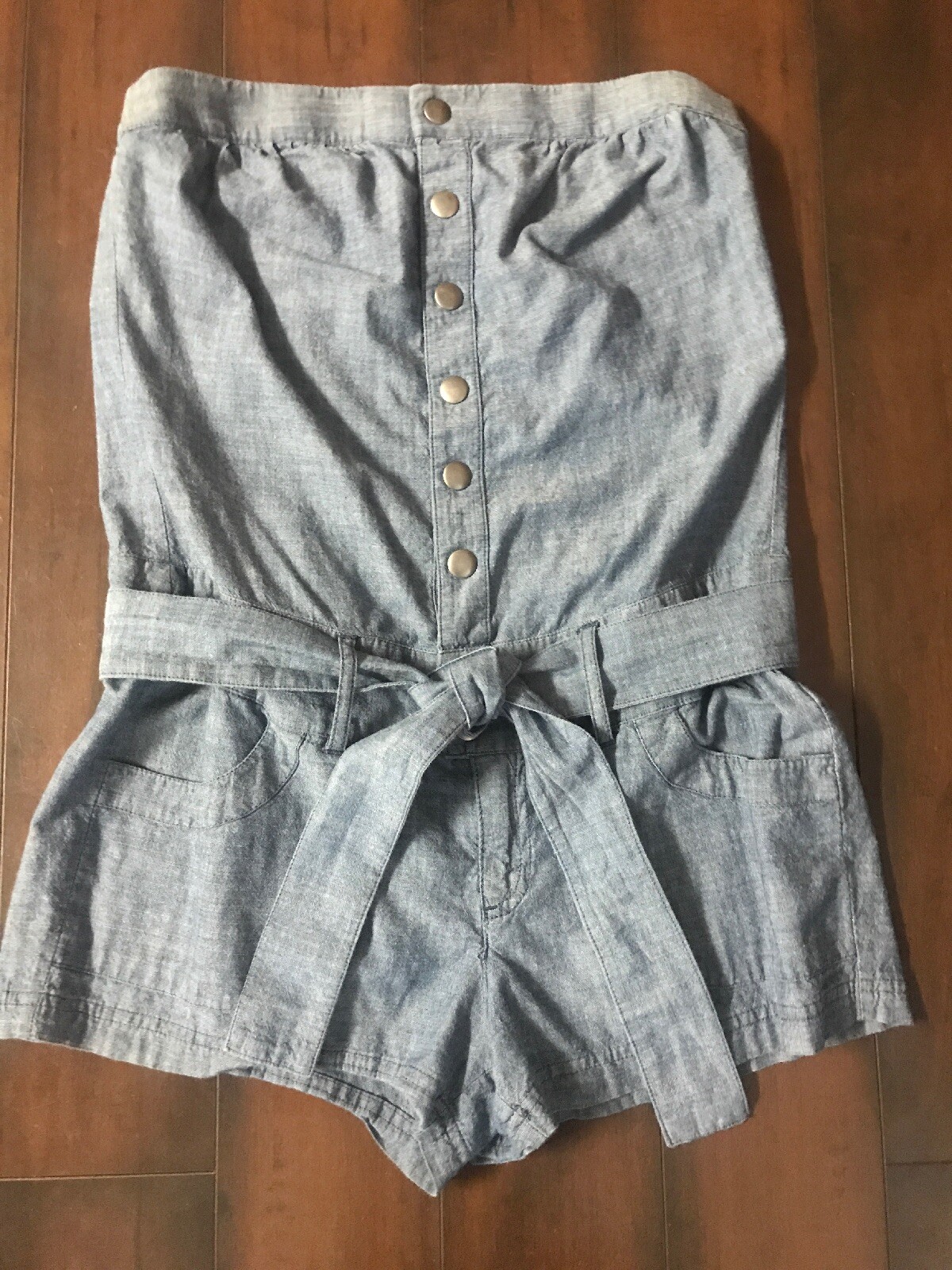 Women’s Express Chambray Snap Button Down Tube Shorts Romper Belted ...