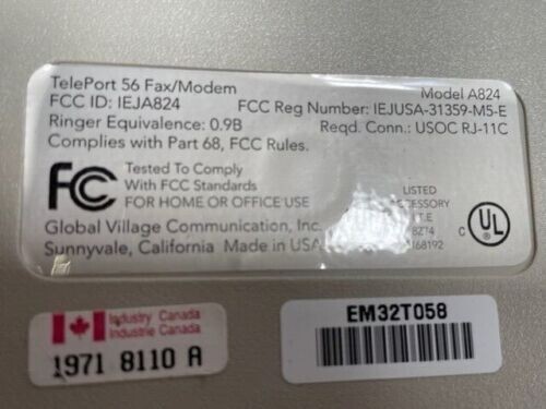 Global Village Communication Teleport 56 Fax/Modem, Model A824 w/Power ...