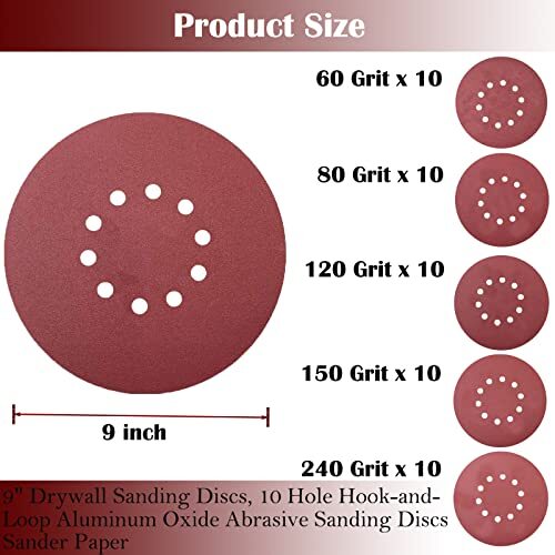 50 PCS 9-Inch 10-Hole Hook-and-Loop Sanding Discs for Drywall Sander ...