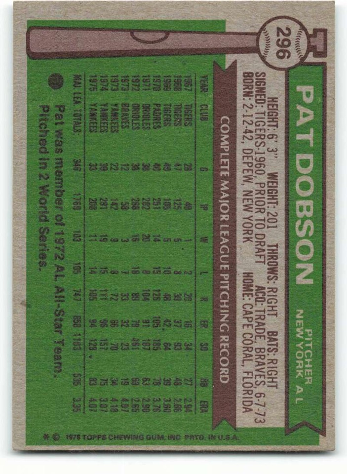 1976 Topps #296 Pat Dobson NM+ Yankees ID:269239 | eBay
