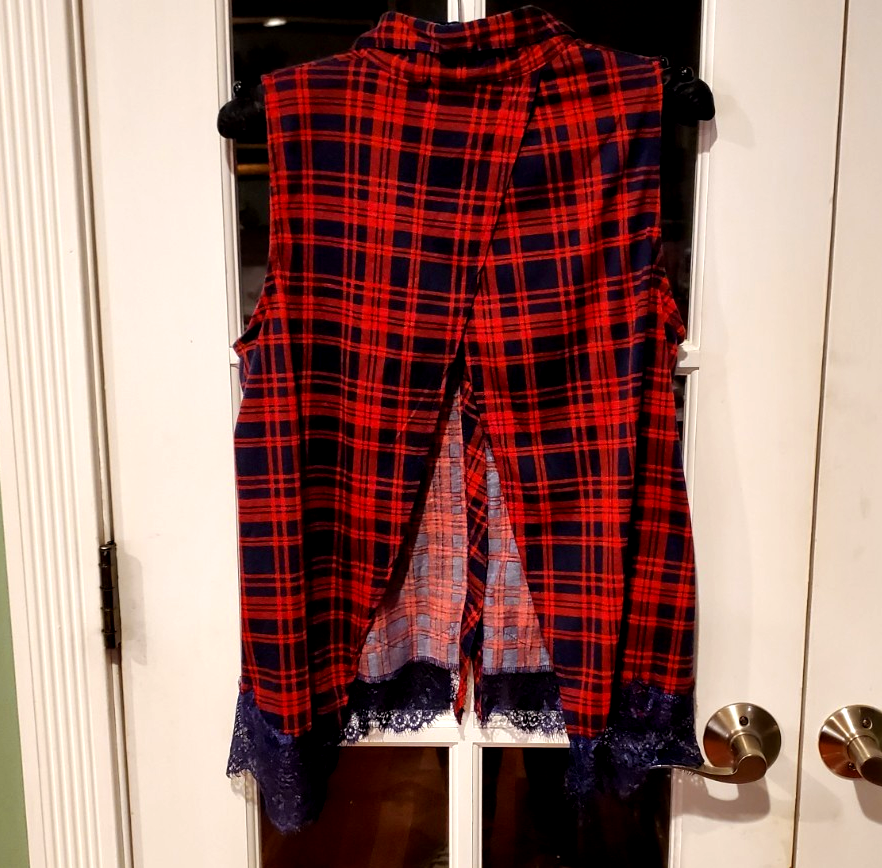 Women Ladies Medium Sleeveless Red Blue Plaid Lace Button Summer Shirt ...