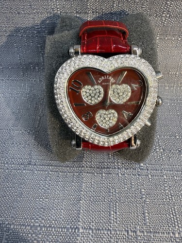 ADRIENNE brand Red Heart Watch with Red Leather Band & Crystal Hearts ...