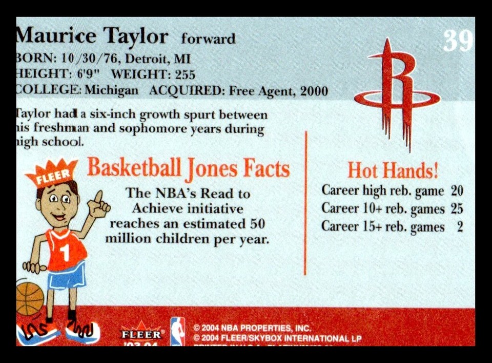 2003-04 Fleer Platinum #39 Maurice Taylor NBA Basketball Houston ...