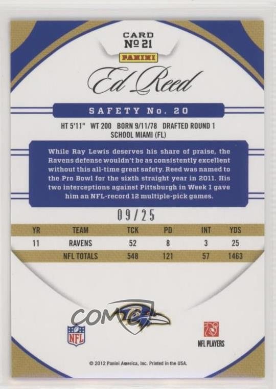 2012 Certified Mirror Gold /25 Ed Reed #21 HOF | eBay