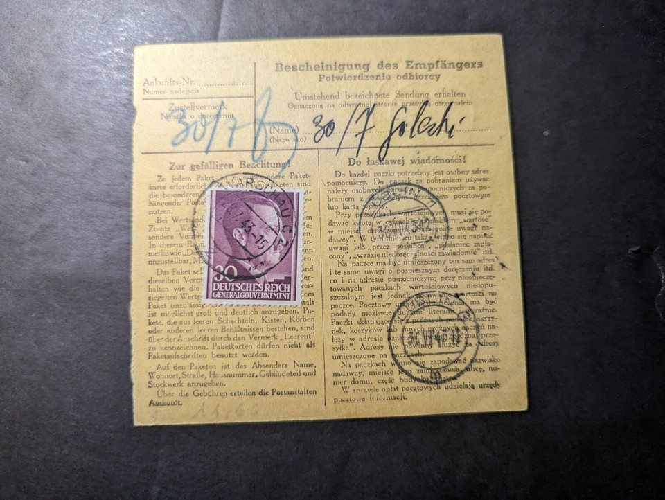 1943 Germany General Government Poland Parcel Receipt Cover Warsaw to ...