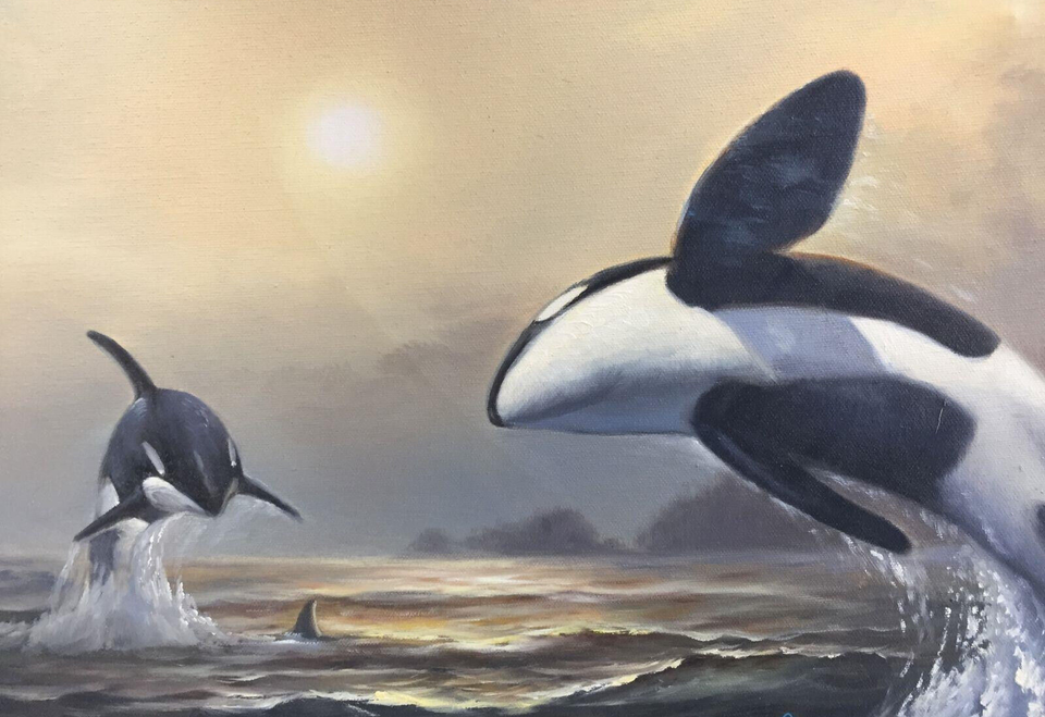Tok Hwang Original Oil Painting 1988 Ocean Orcas Medium 24x20" (716) | eBay