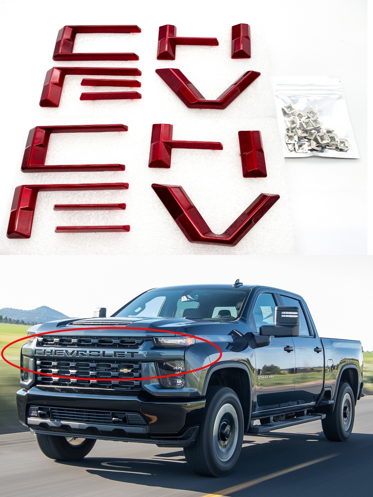 2020-23 Silverado 2500 / 3500 Custom front grille letter inserts Cherry ...