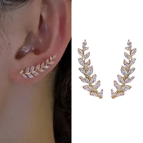 Shiny Rhinestone Leaf Stud Earrings For Women Exquisite Wheat Ear Cuff EarrinSN | eBay Australia