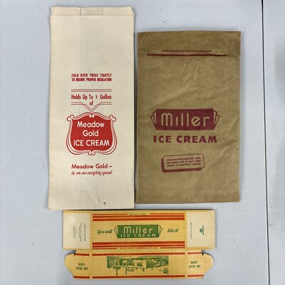 Vntg. Lot Ice Cream Bags Meadow Gold, Miller Ice Cream Box Insulated ...