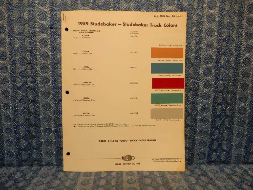 1959 Studebaker & Studebaker Truck Original Paint Color Chip Chart - 2 ...