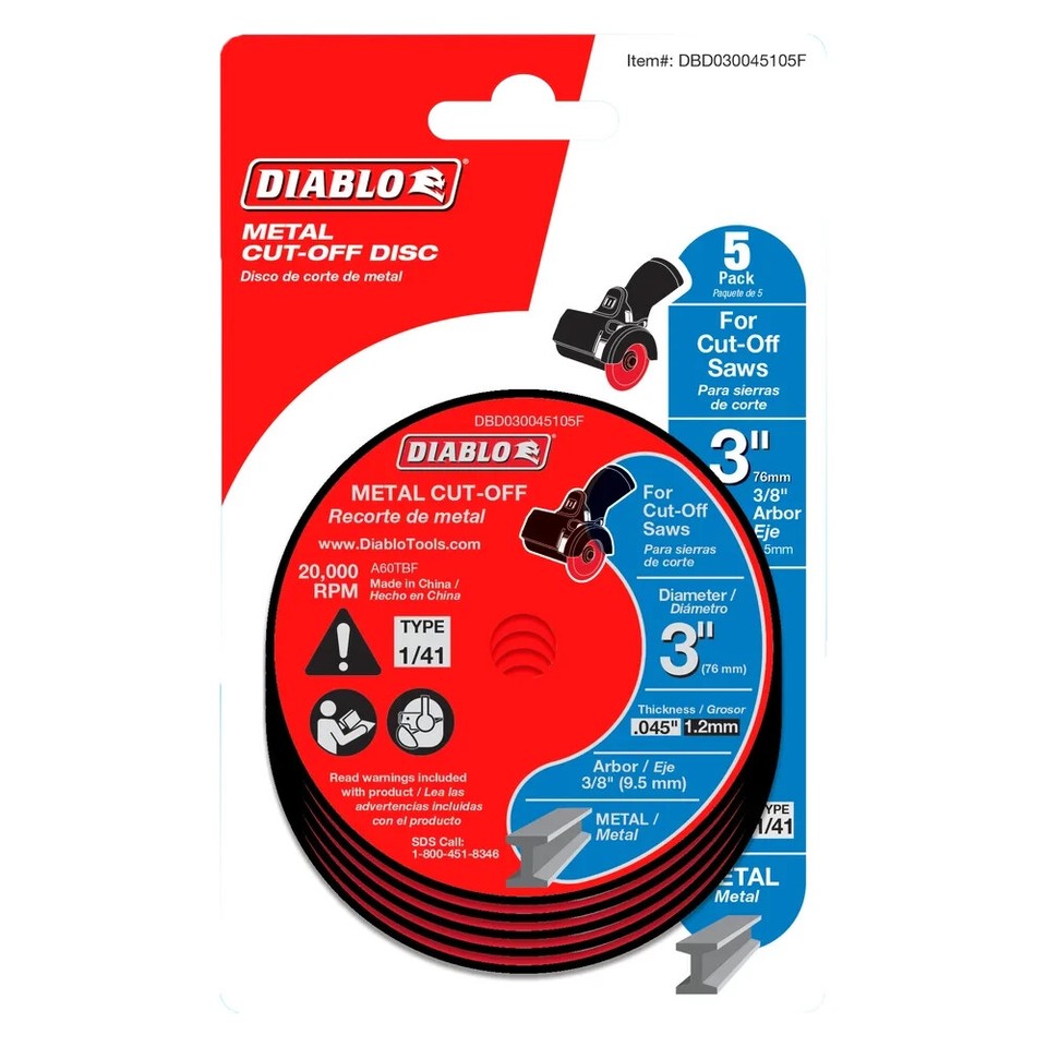 Diablo 3" METAL CUT OFF DISCS #DBD030045105F 5 Pack, 3/8" Arbor-Free ...