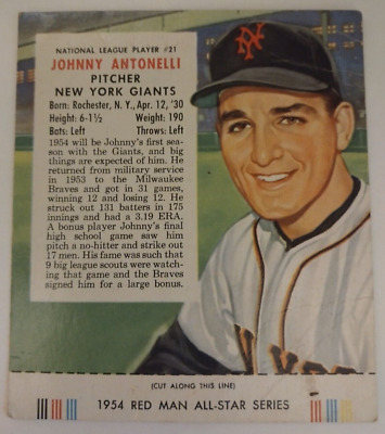 1954 Red Man Tobacco Baseball - NL # 21 Johnny Antonelli - Giants ...