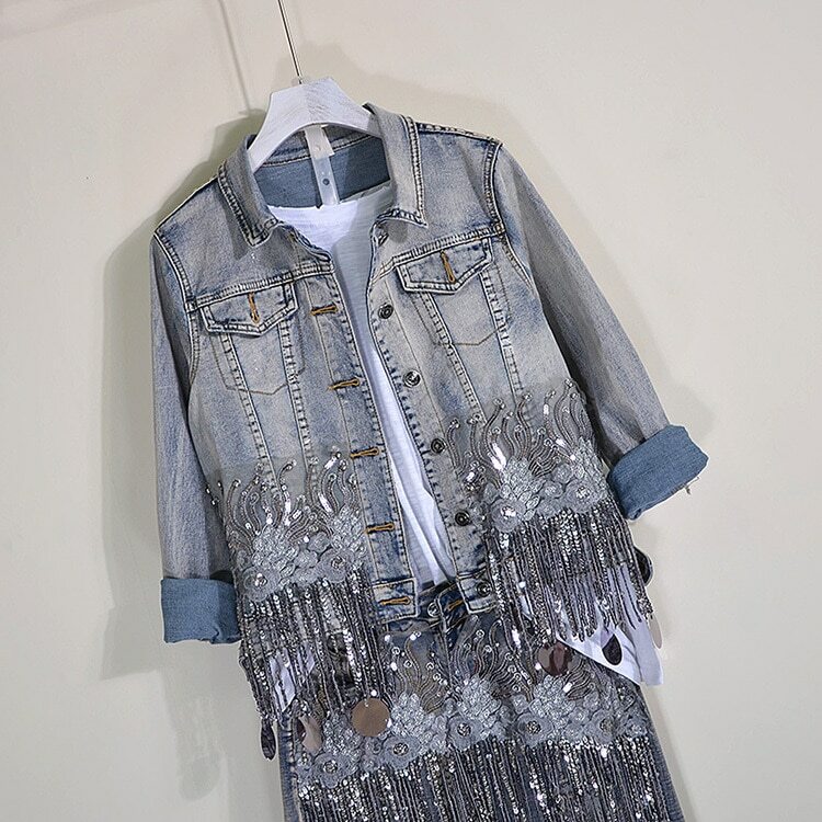 Women Denim Jacket Sequins Beading Tassels Slim Jean Coat Spring ...