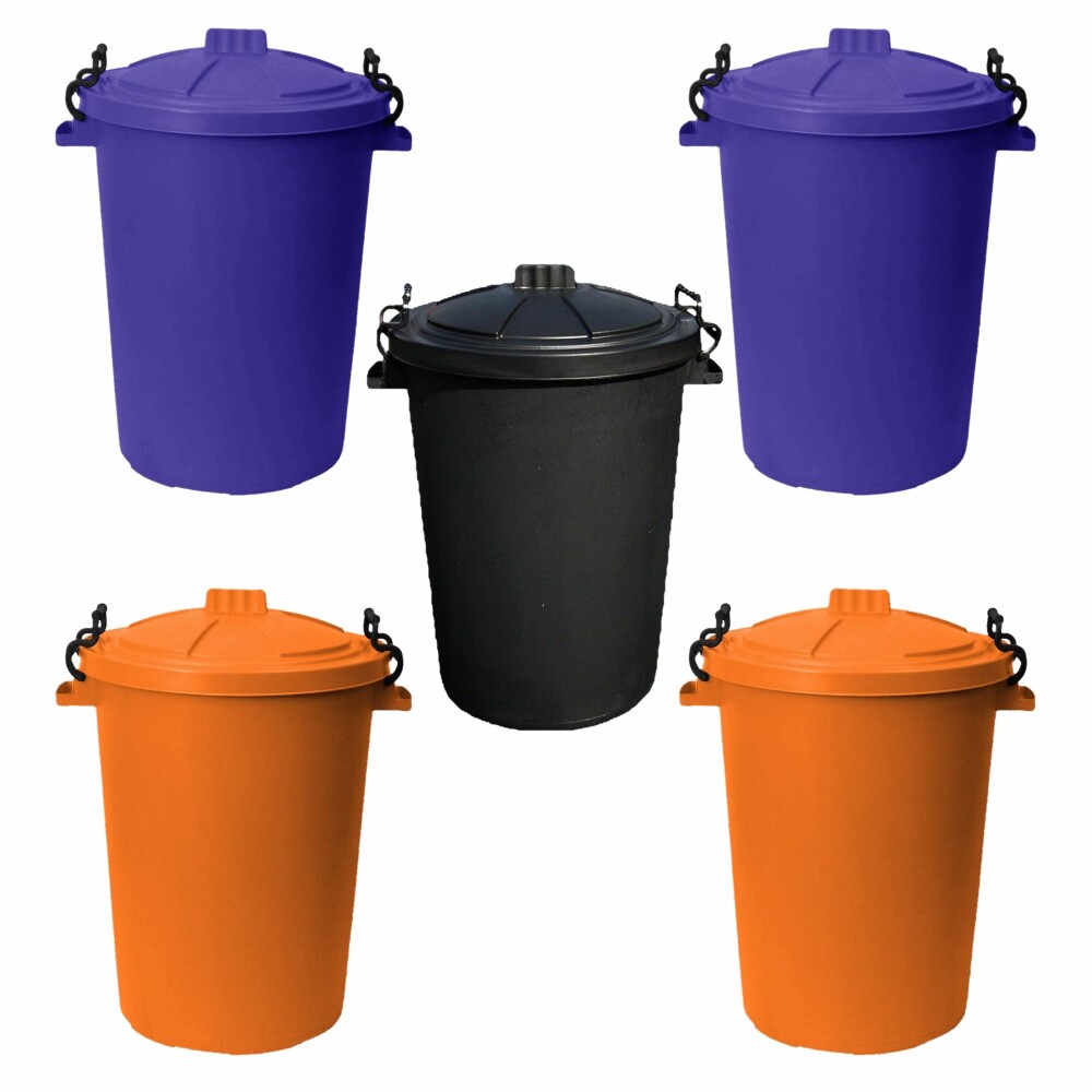 5 X Plastic Large Dustbin with Lids Handles 50L Bin Heavy Duty Storage ...