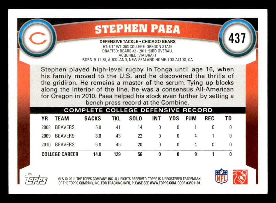 Stephen Paea 2011 Topps Rookie Card #437 Chicago Bears | eBay