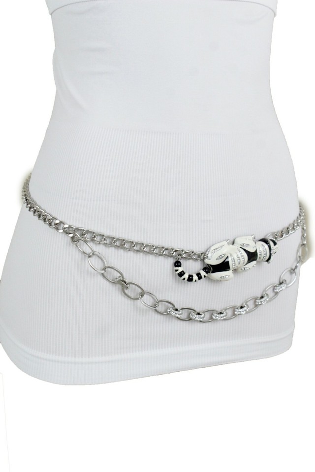 Women Belt Silver Metal Chain Link Wave White Tiger Bling Buckle XS S M ...
