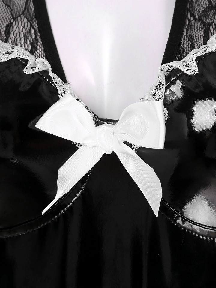 Women Maid Fancy Costume Wet Look PVC Leather Dress French Apron ...