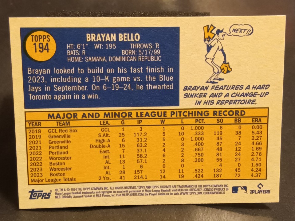 2024 Topps Archives - Retro 1970 Topps #194 Bryan Bello - Boston Red ...