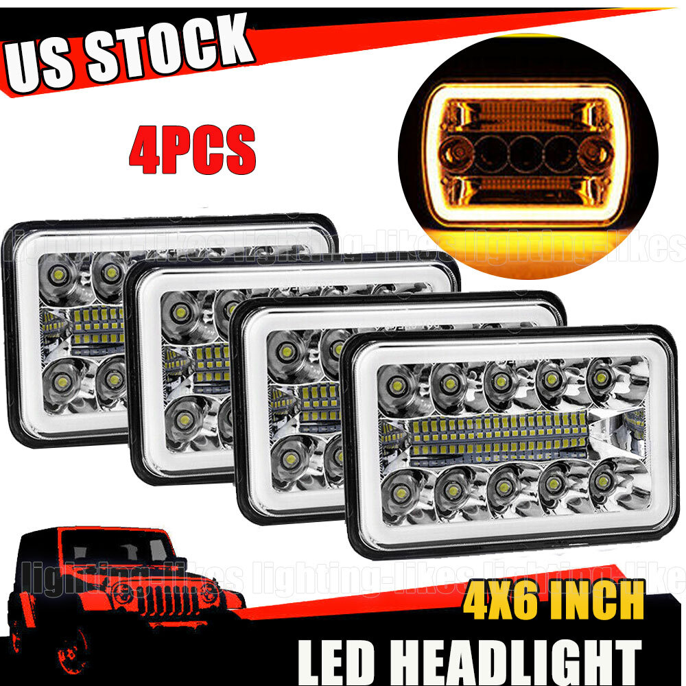 4PCS 4x6" LED Headlights Hi/Lo Beam Headlamps For Kenworth T800 T400 ...