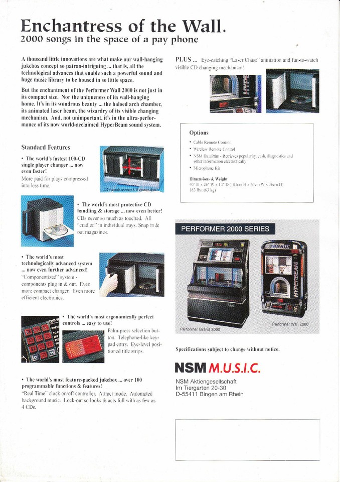 N.S.M. NSM Performer Wall 2000 (1995) CD juke box jukebox Flyer ...