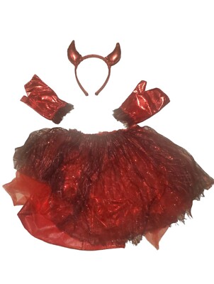 Girls Red Devil Costume Size 3-4 Headpiece, Gloves And Skirt | eBay