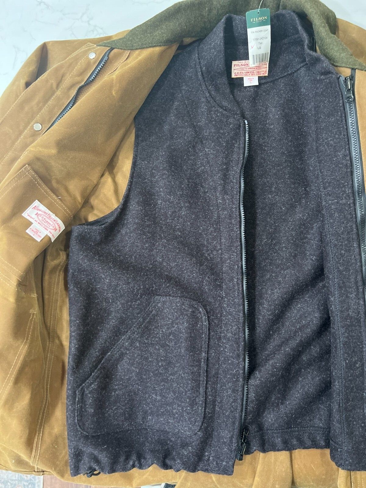 FILSON Tin Cloth Packer Coat Waxed Cotton w/ Mackinaw Wool Vest Liner ...