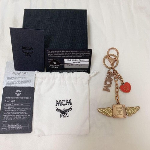 MCM key ring heart wing pinkgold red metal logo angel key chain women's ...