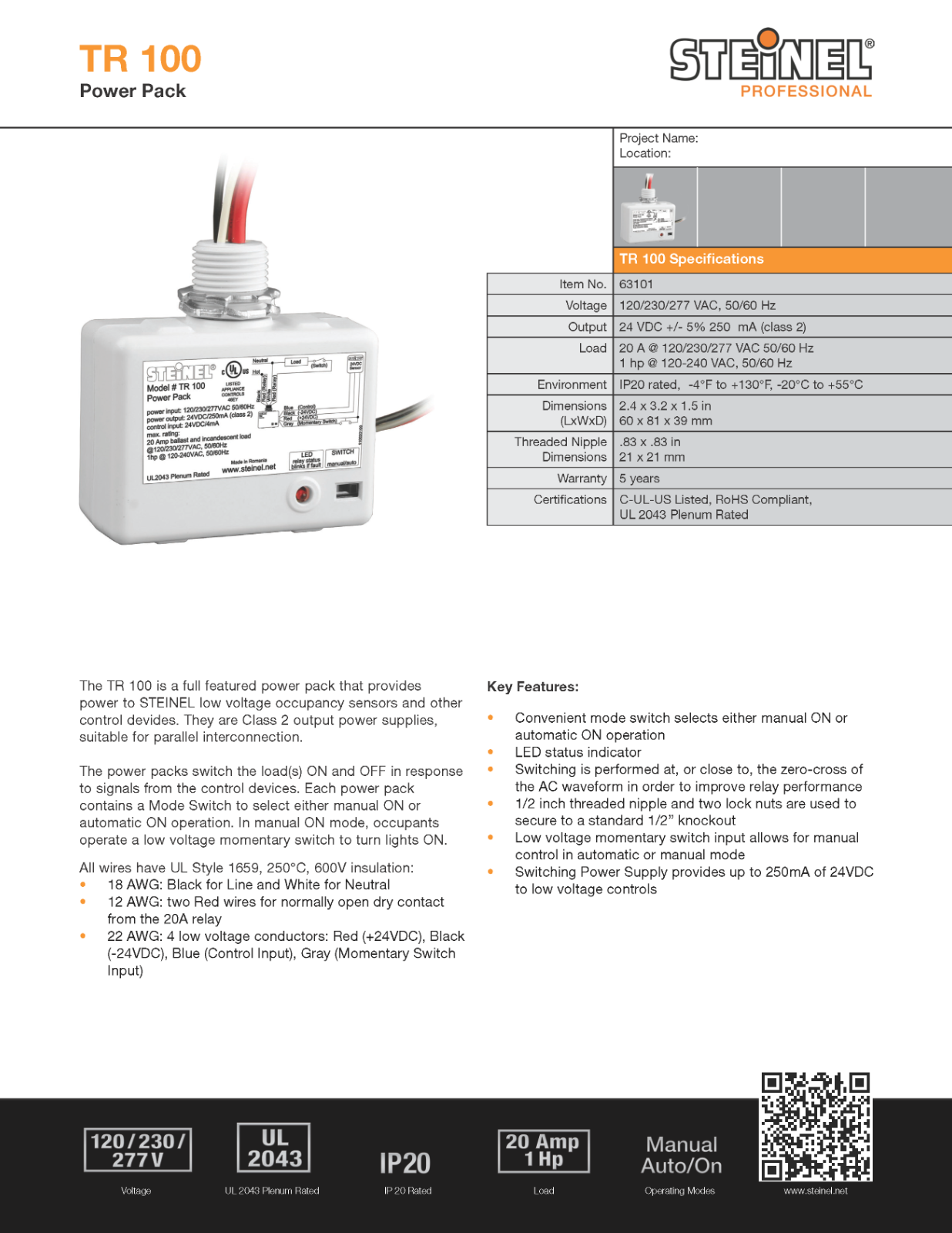1 STEINEL TR-100 TR100 POWER PACK 120-277V 24VDC 250MA for sale online ...