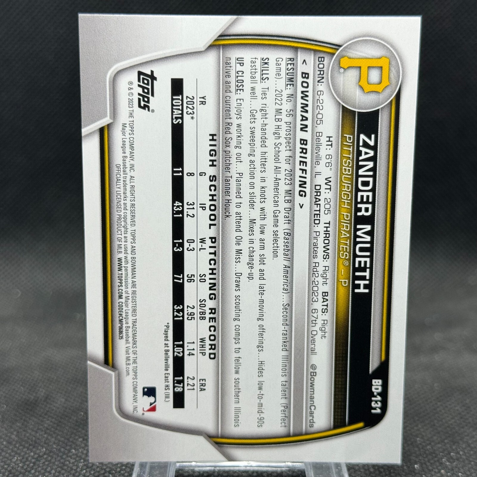 Zander Mueth 2023 Bowman Draft 1st Base Paper Pittsburgh Pirates #BDC ...