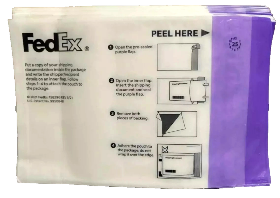 FedEx Shipping Pouches 100 Pk 8x11 Inches Self-Adhesive Resealable side ...