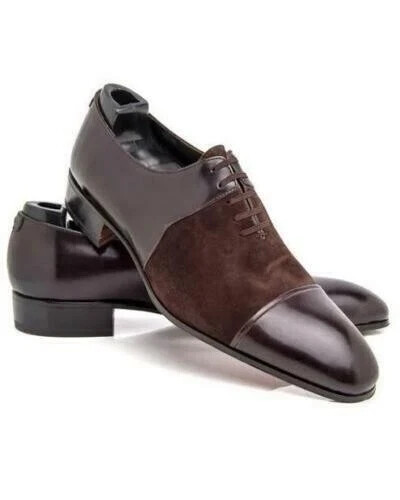 Handmade Two Tone Formal Brown Leather & Suede Toe Cap Lace Up Shoes ...