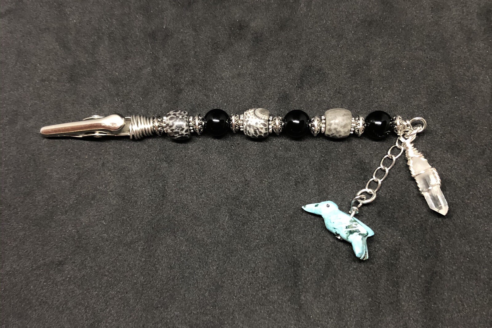 Snakeskin Jasper & Quartz Crystal Roach Clip w/ Carved Turquoise Bird ...