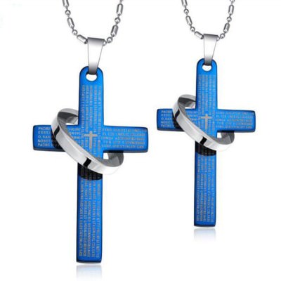 Stainless Steel Spanish Scripture Cross & Ring Pendant & Necklace Blue ...