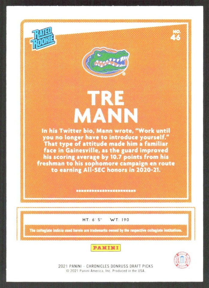2021-22 4684A Donruss DRAFT PICKS RATED ROOKIE Tre Mann Rookie FLORIDA ...