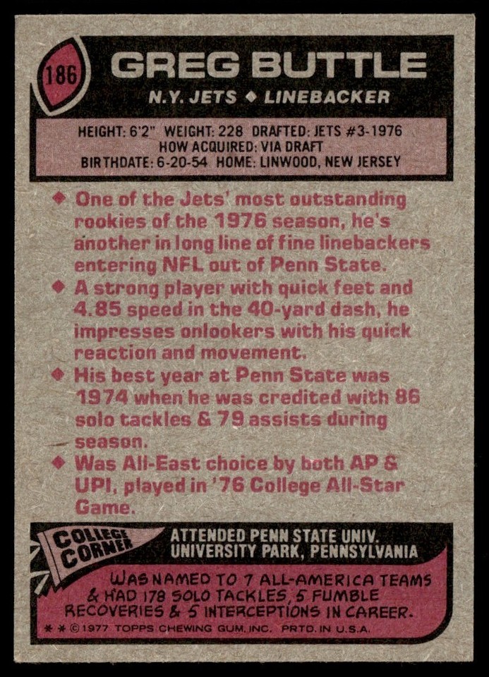 1977 Topps Greg Buttle Rookie New York Jets #186 | eBay