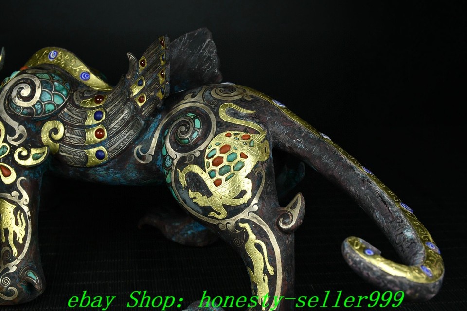 15''Old Dynasty Bronze Ware Gold Silver inlay Gems turquoise Beast ...