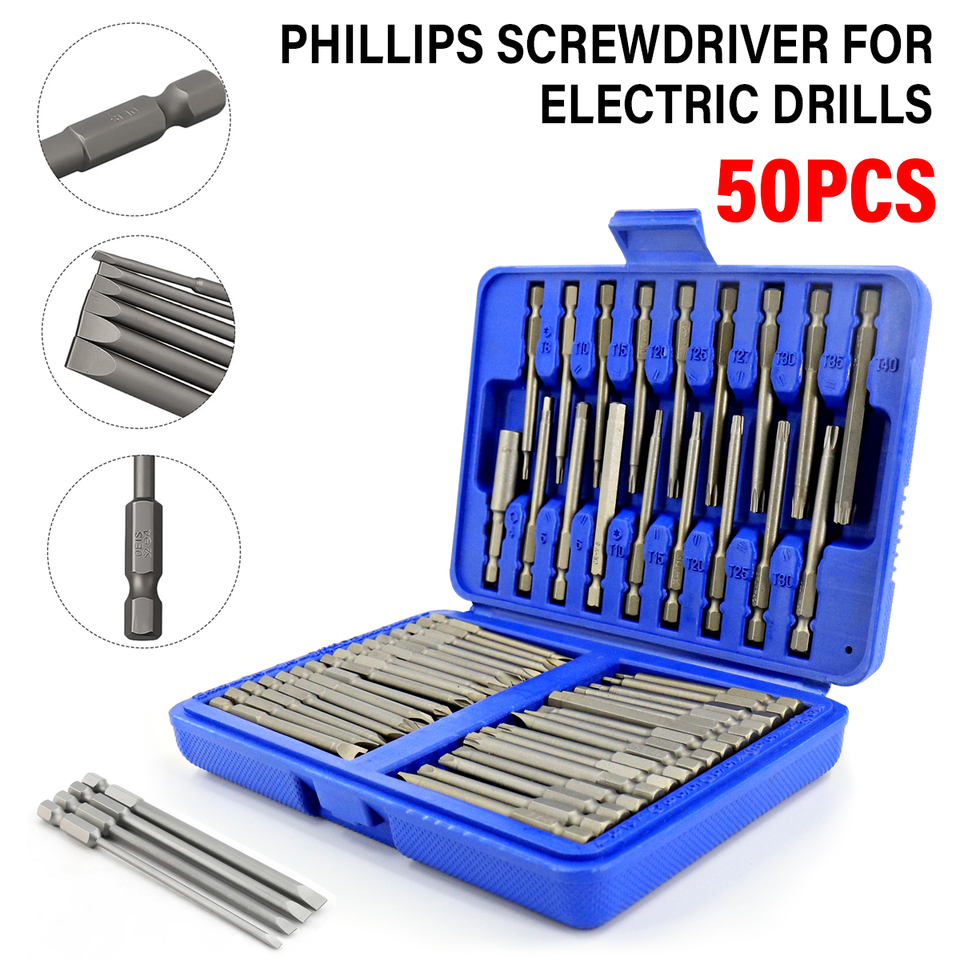 50pc Magnetic Screw Driver bit Set Extra Long Torx Hex Spline Star Pozi ...