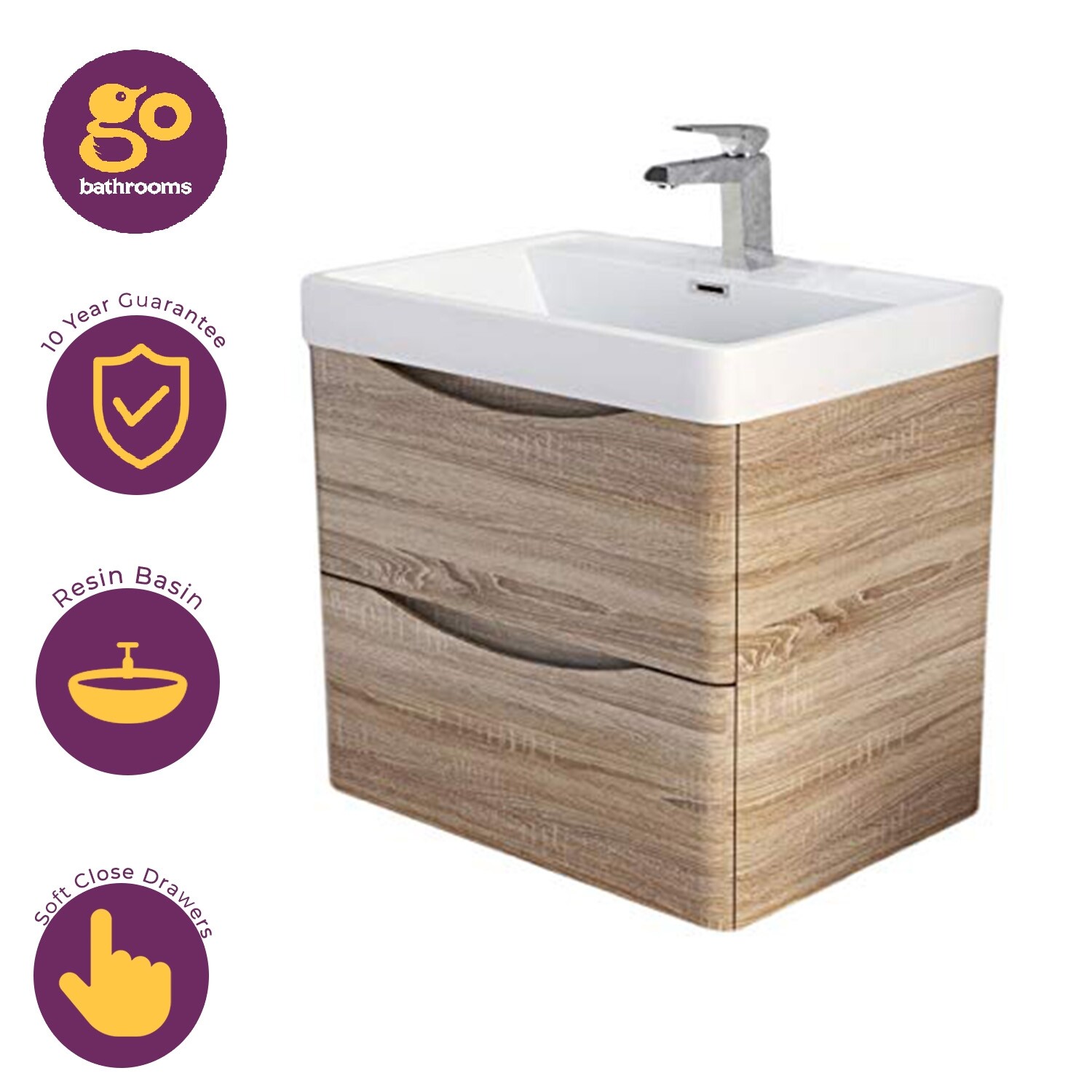 Light Wood Wall Hung Two Drawer Eaton 600mm Bathroom Vanity Unit ...