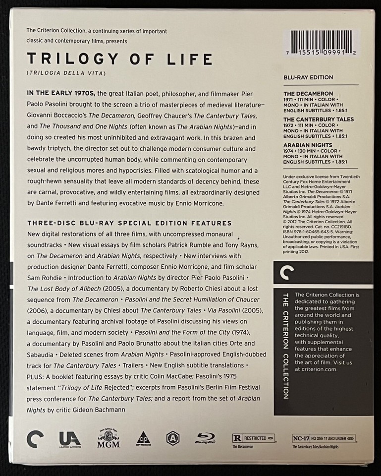 TRILOGY OF LIFE Pasolini (Criterion Collection, Blu-ray, 1971), Factory ...