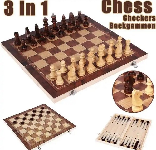 3-in-1 Wooden Chess, Checkers, and Backgammon Set – Portable Folding ...