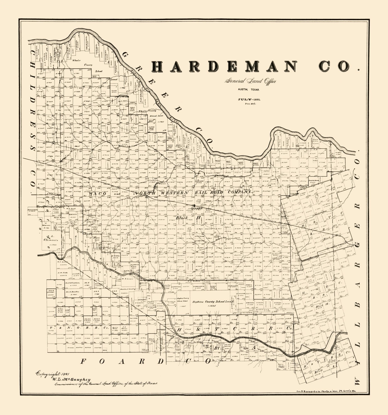 Historic County Map - Hardeman County Texas - McGaughey 1891 - 23 x 24. ...