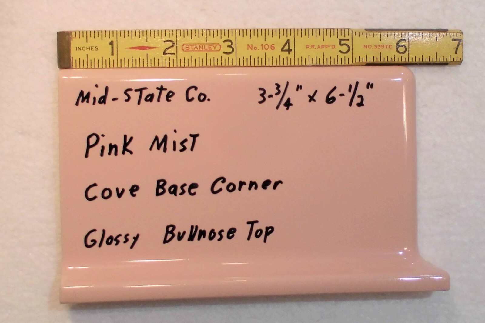 1 pc. *Pink Mist* Finish Corner Bullnose Top cove/base Ceramic Tile 3. ...
