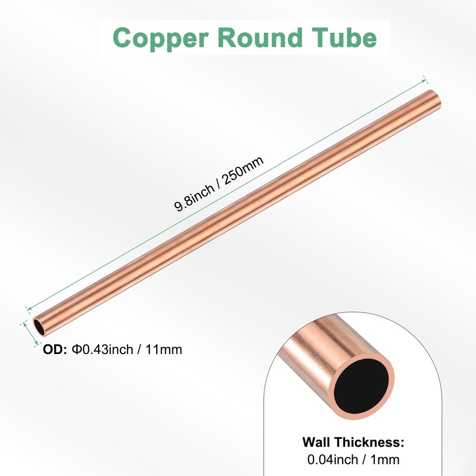 1-Pack Copper Round Tube, 11mm OD 1mm Thick 250mm Length Straight Pipe ...