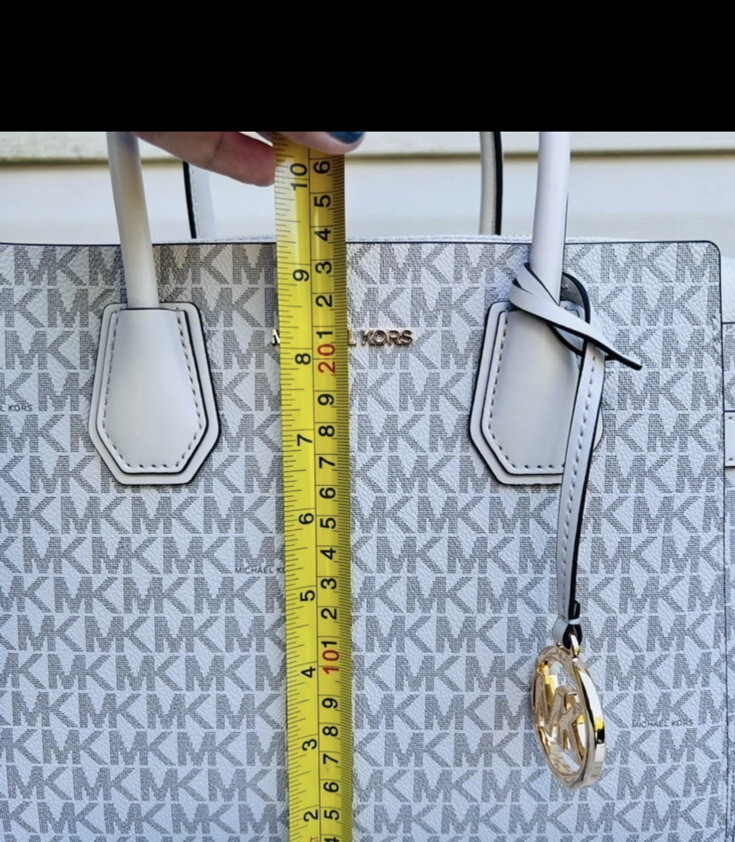 Michael Kors Medium Belted Mercer Mk Logo Leather Light Cream Multi ...