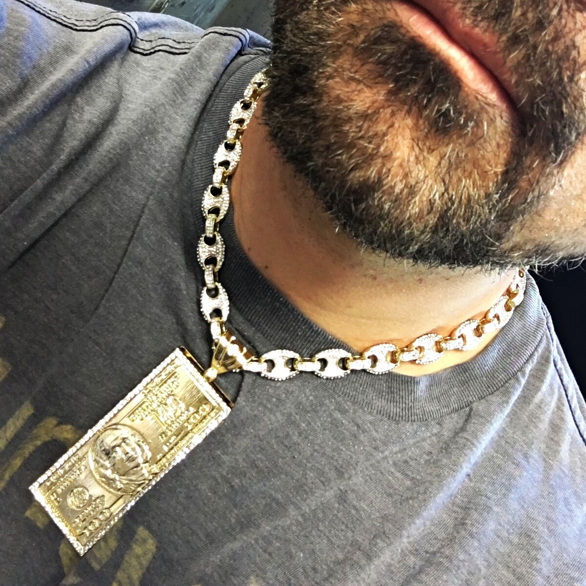 14K Gold Plated $100 Dollar Bill Pendant Simulated CZ 14K Gold Plated $100 Dollar Bill Pendant Simulated CZ