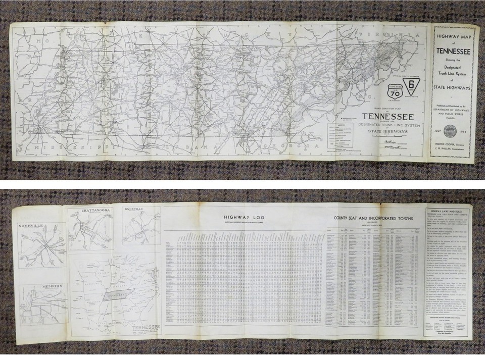 Vintage 1943 Tennessee Official Road Map – State Highway Dept. (Scarce ...
