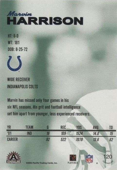 Las mejores ofertas en 2002 Pacific Adrenaline Marvin Harrison #120 | eBay