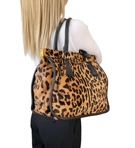 PRADA Vintage Logo Leopard Shoulder Tote Bag Camel Black Pony Calf Hair ...