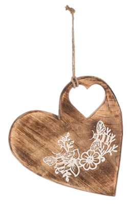 Heart Shaped Cutting Board Mango Wood w Flower Bees Engravings 9.1/2" W ...